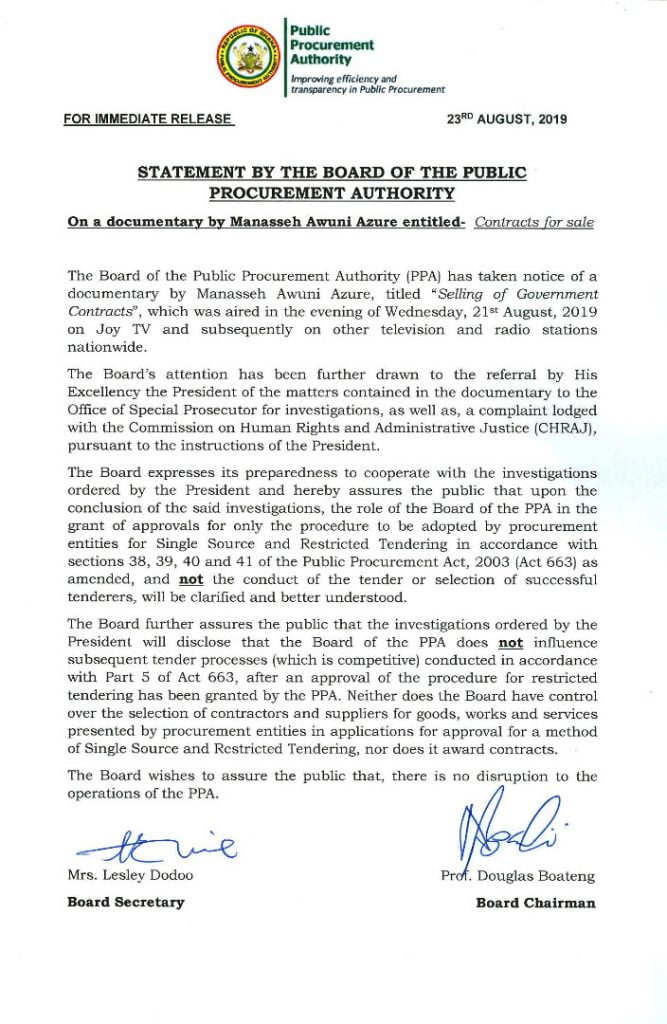 Statement by the Board of the Public Procurement Authority – PPA Ghana